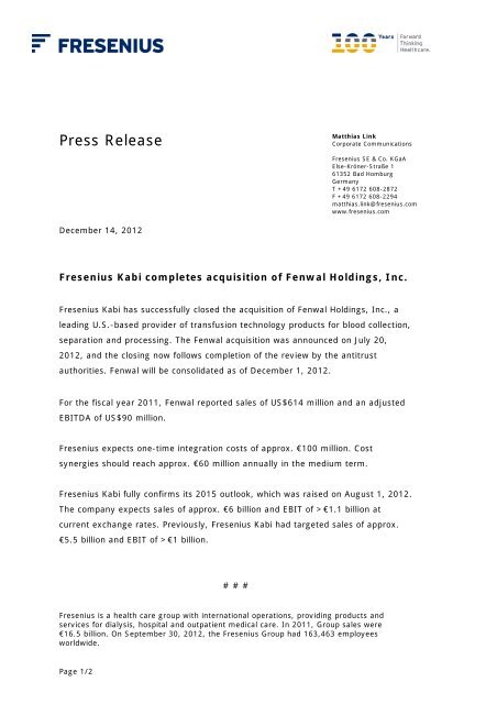 Fresenius Kabi completes acquisition of Fenwal Holdings, Inc