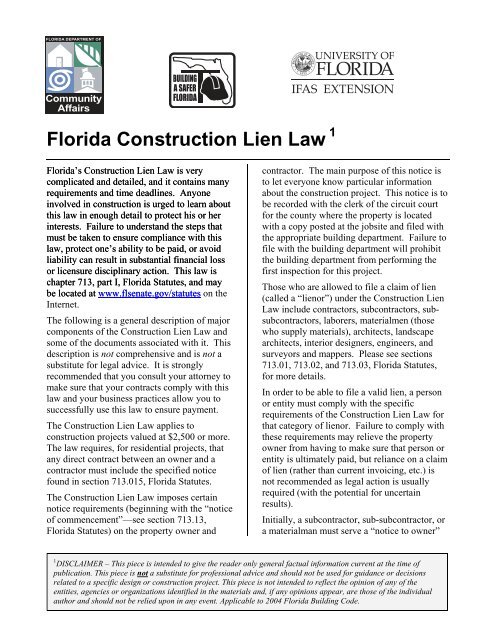 Construction Lien Law for Industry - Building a Safer Florida