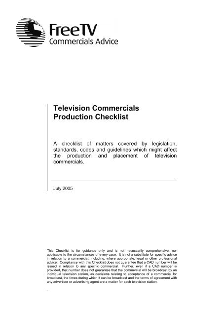 Television Commercials Production Checklist - Free TV Australia