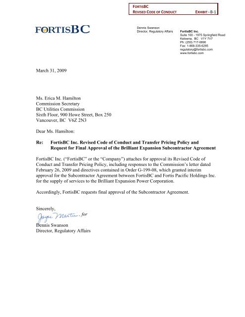 FortisBC Revised Code of Conduct and Transfer Pricing Policy