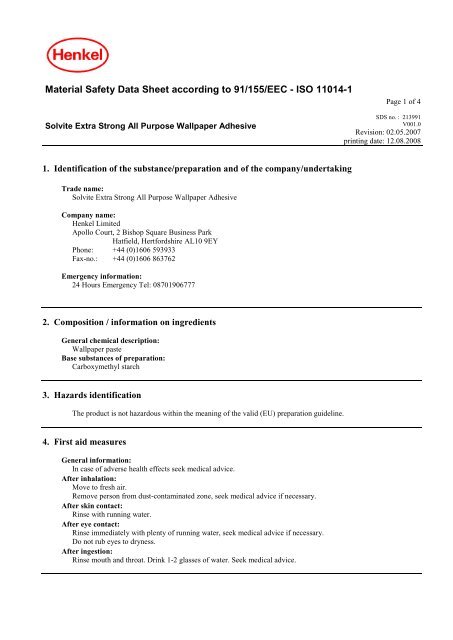 Material Safety Data Sheet according to 91/155/EEC - ISO 11014-1