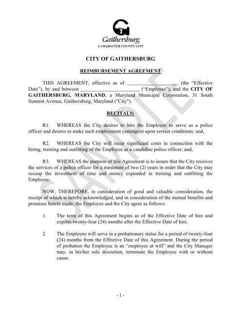Police Officer's Reimbursement Agreement - City of Gaithersburg