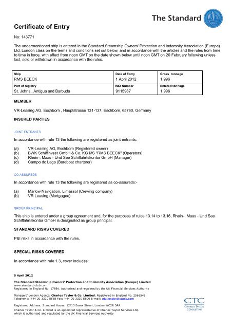 Certificate of Entry