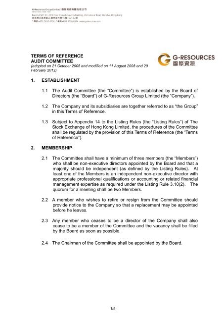 TERMS OF REFERENCE AUDIT COMMITTEE 1 ... - G-Resources