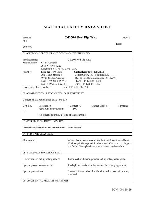 MATERIAL SAFETY DATA SHEET - 3D Systems