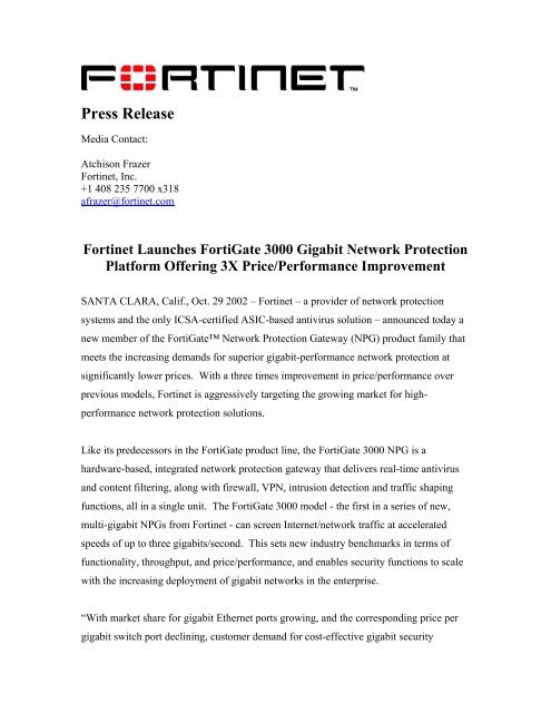 Fortinet Launches FortiGate 3000 Gigabit Network Protection ...