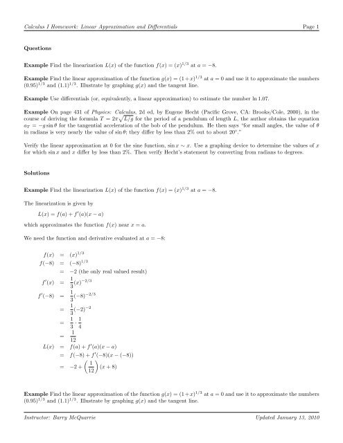 Calculus I Homework: Linear Approximation and Differentials Page 1 Calculus I Homework: Linear Approximation and Differentials Page 1