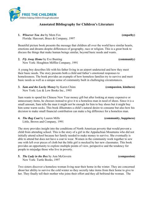 Annotated Bibliography for Children's Literature - Free The Children