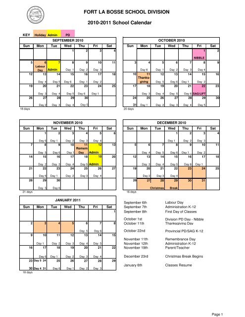 FORT LA BOSSE SCHOOL DIVISION 2010-2011 School Calendar