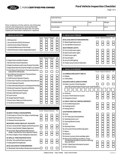 Ford Vehicle inspection checklist