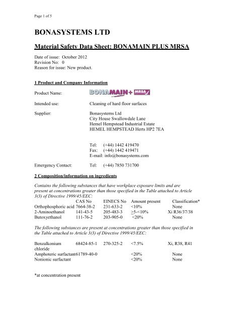 COSHH - Safety data sheet