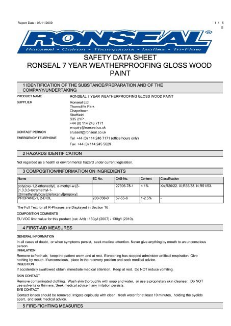 safety data sheet ronseal 7 year weatherproofing gloss wood paint