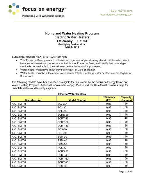 Home and Water Heating Program Electric Water ... - Focus on Energy