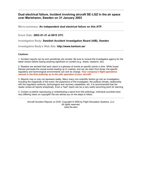 Dual electrical failure, Incident involving aircraft SE-LGZ ... - Fss.aero