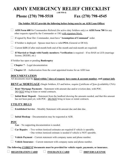 ARMY EMERGENCY RELIEF CHECKLIST - Fort Campbell MWR