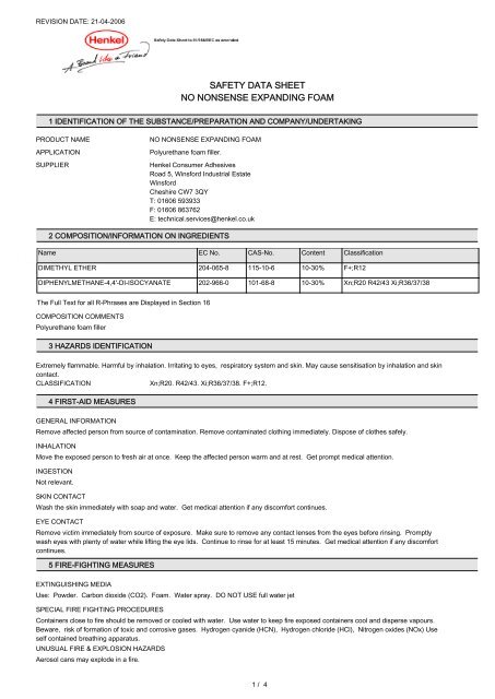 safety data sheet no nonsense expanding foam - Free-Instruction ...