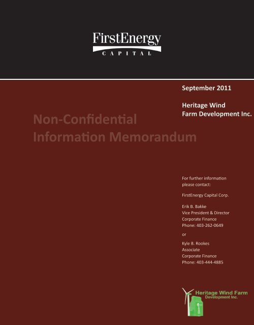 Non-Confidential Information Memorandum - FirstEnergy Capital Corp.