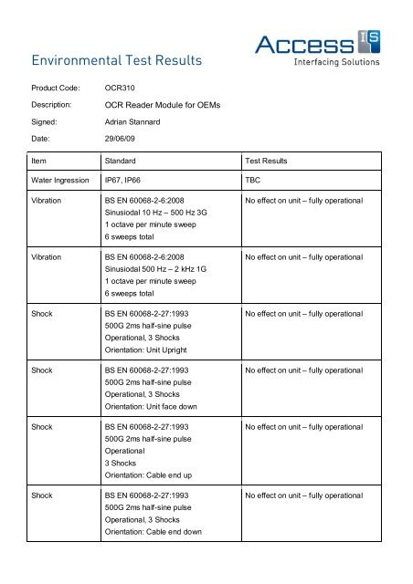 to read its environmental test report - Access IS