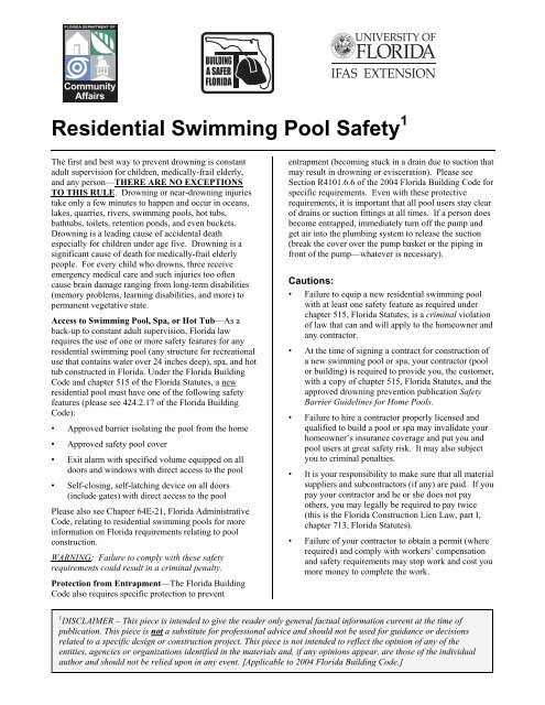 Residential Pool Safety - Florida Building Code Information System