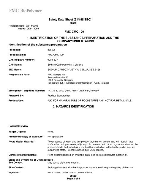 Safety Data Sheet (91/155/EEC) FMC CMC 100 1. IDENTIFICATION ...