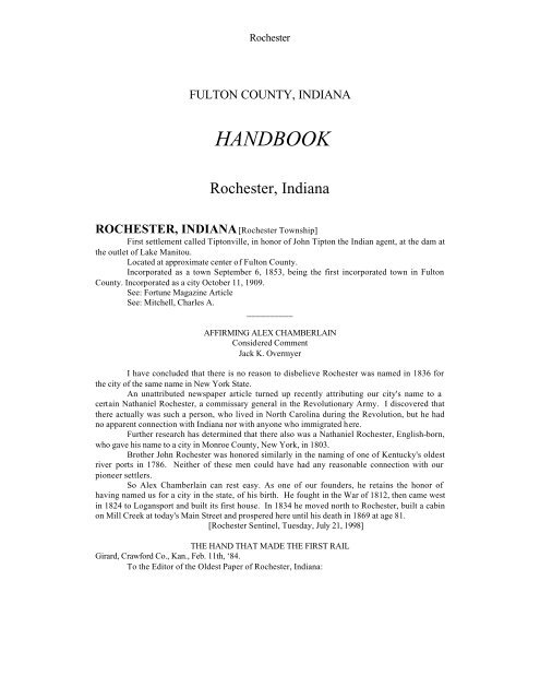 HANDBOOK - ROCHESTER, INDIANA - Fulton County Public Library