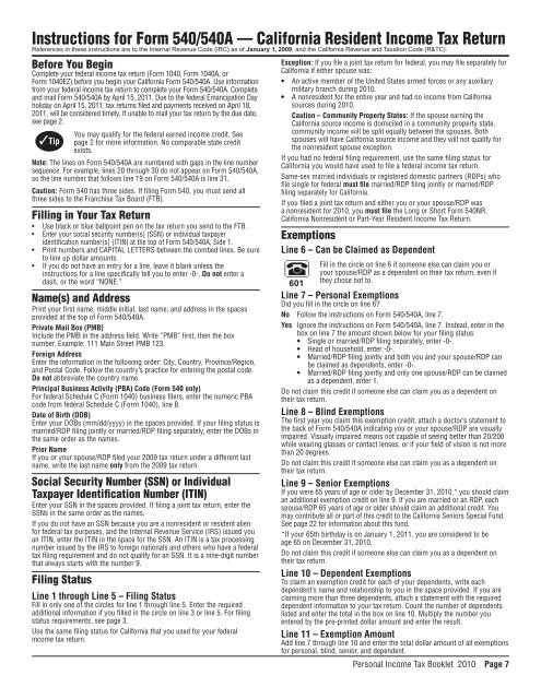 2010 Instructions for Form 540/540A - California Franchise Tax Board