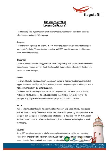 Mahogany Ship information sheet - Flagstaff Hill