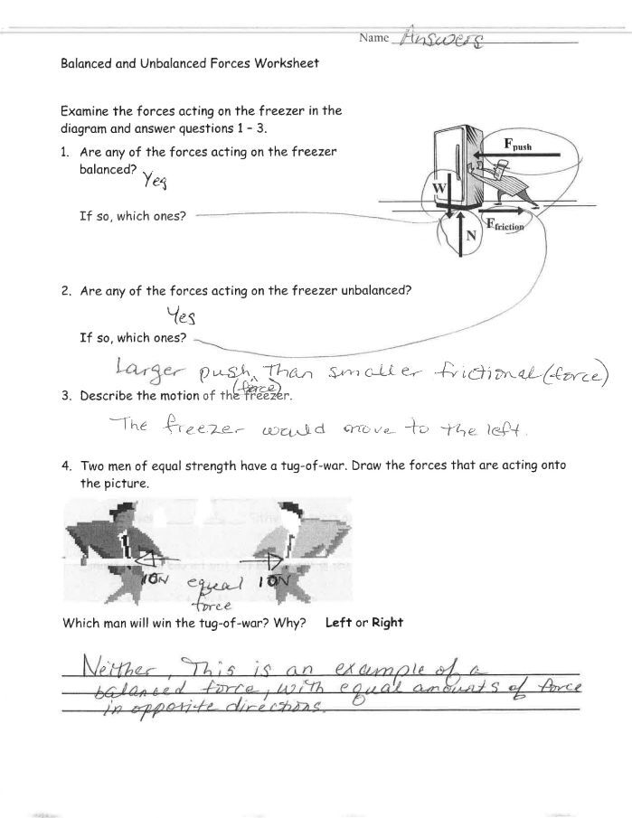 Balanced Forces Worksheet Balanced Unbalanced Forces Practice 1 Name