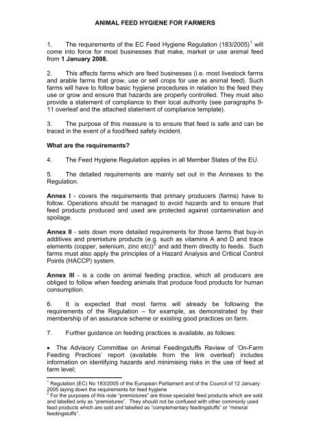 Animal feed Hygiene for Farmers - Food Standards Agency