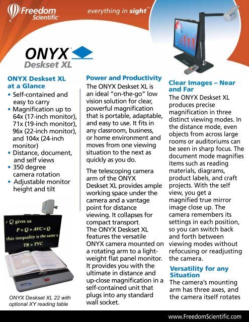 ONYX Deskset XL Data Sheet (PDF) - Freedom Scientific