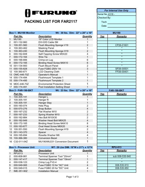 PACKING LIST FOR FAR2117 - Furuno USA
