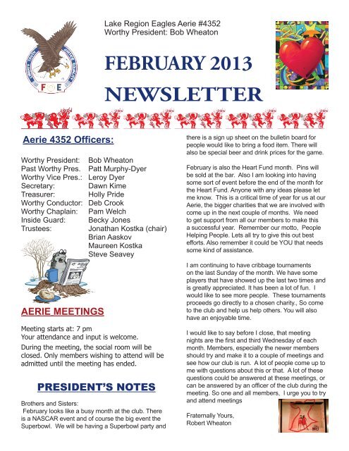 FEBRUARY 2013 NEWSLETTER - Fraternal Order of Eagles