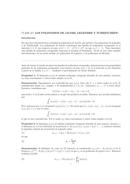 CLASE #7: LOS POLINOMIOS DE JACOBI, LEGENDRE Y ...