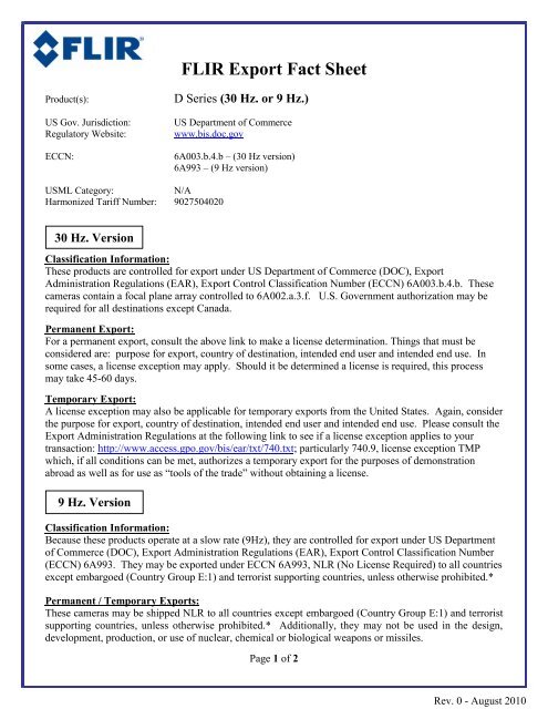 FLIR Product Export Fact Sheet - FLIR Systems