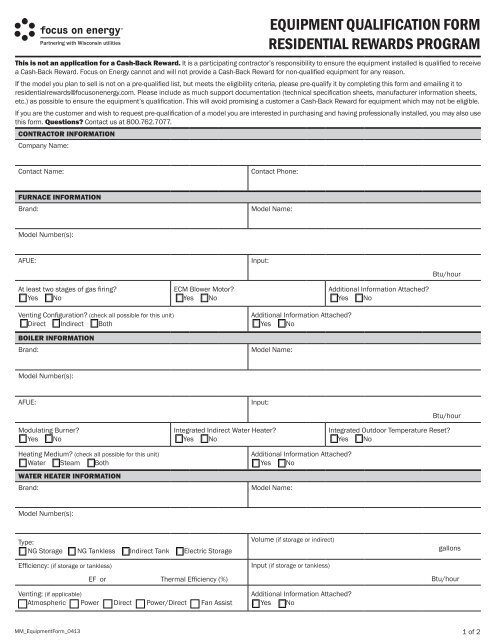 EQUIPMENT QUALIFICATION FORM ... - Focus on Energy
