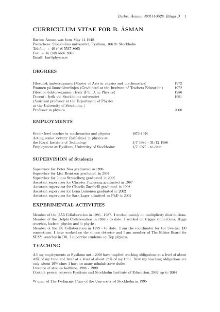 curriculum vitae for b. åsman - Fysikum - Stockholms universitet