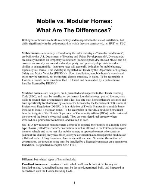 Mobile and Modular Homes - Florida Building Code Information ...