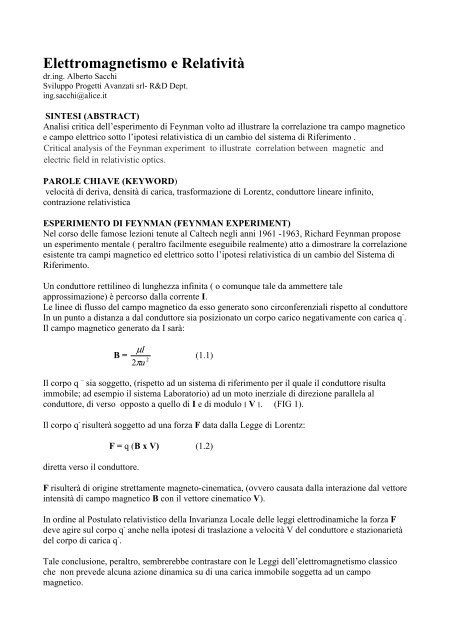 Elettromagnetismo e Relatività di Alberto Sacchi - fisica/mente