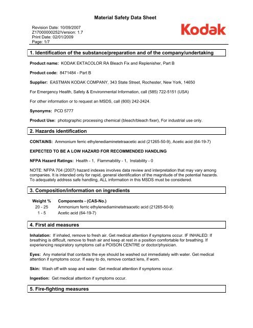 Material Safety Data Sheet 1. Identification of the substance ...