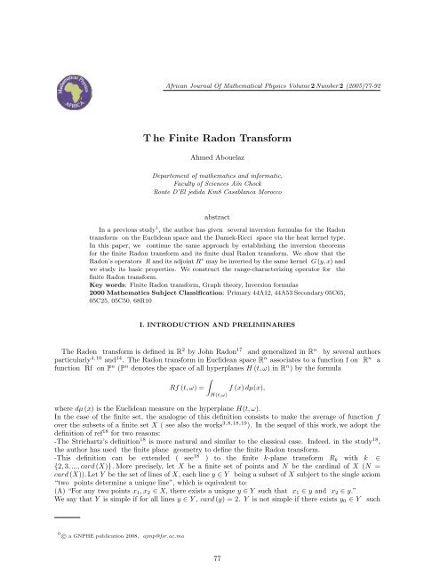 T he Finite Radon Transform