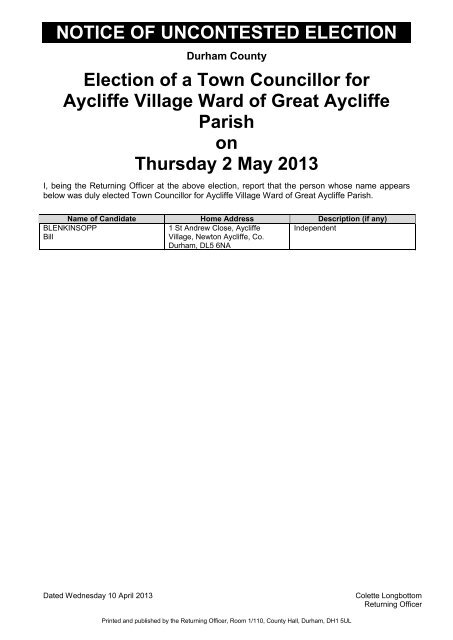 Notice Of Uncontested Election - Durham County Council