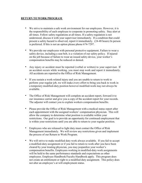 RETURN TO WORK PROGRAM • We strive to maintain a safe work ...