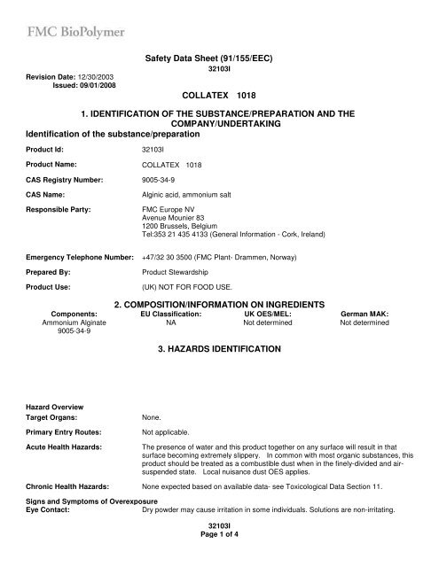 Safety Data Sheet (91/155/EEC) COLLATEX 1018 1 ...