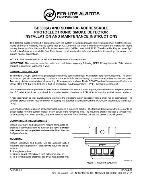 SD300(A) AND SD300T(A) ADDRESSABLE ... - Fire-Lite Alarms