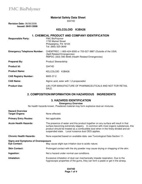 Material Safety Data Sheet KELCOLOID K3B426 1. CHEMICAL ...