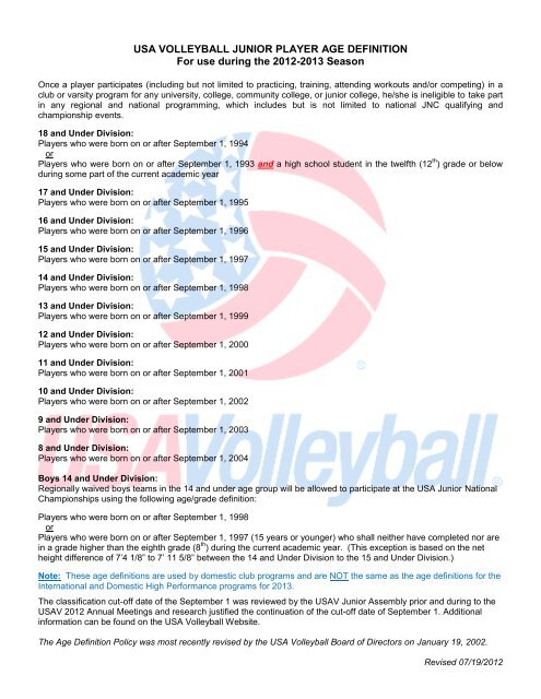 USAV Age Division Definitions - Gateway Region Volleyball
