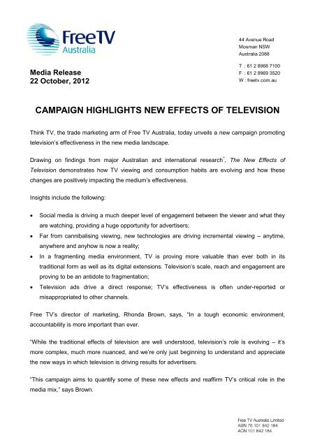 campaign highlights new effects of television - Free TV Australia