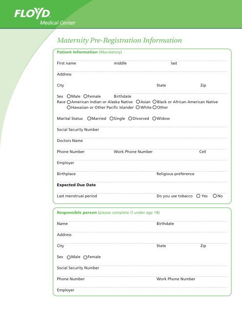 Maternity Pre-Registration Information - Floyd Medical Center