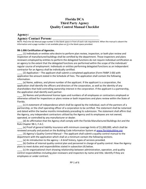 Florida DCA Third Party Agency Quality Control Manual Checklist ...