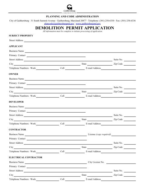 DEMOLITION PERMIT APPLICATION - City of Gaithersburg